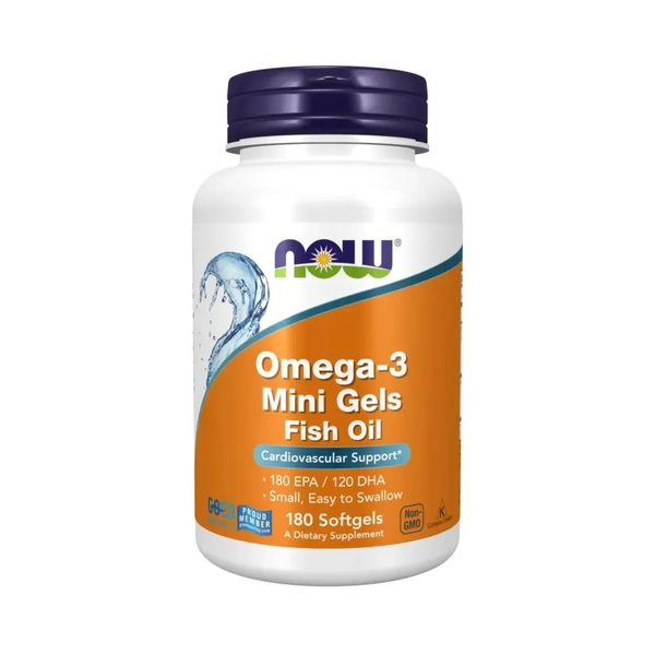 NOW Omega-3 Mini Gels, Омега 3, 1000мг 180 мини-капсул, Рыбий жир ...
