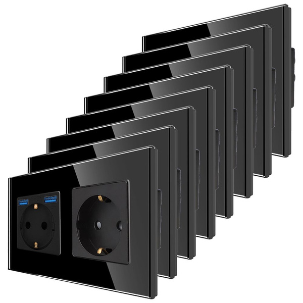 Характеристики Розетка двойная 2 поста с 2 Usb портами 16А 250В с заземлением цвет чёрный 8шт