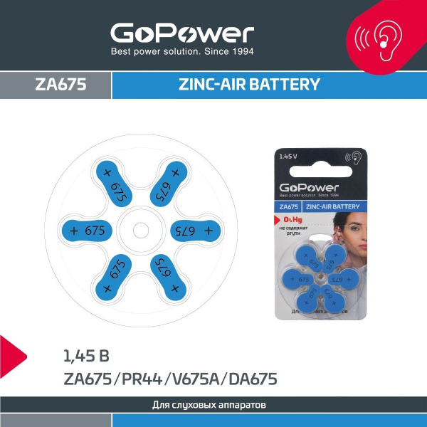 Батарейки для слуховых аппаратов GoPower ZA675 Zinc Air - 6 шт. купить на OZON по низкой цене ...
