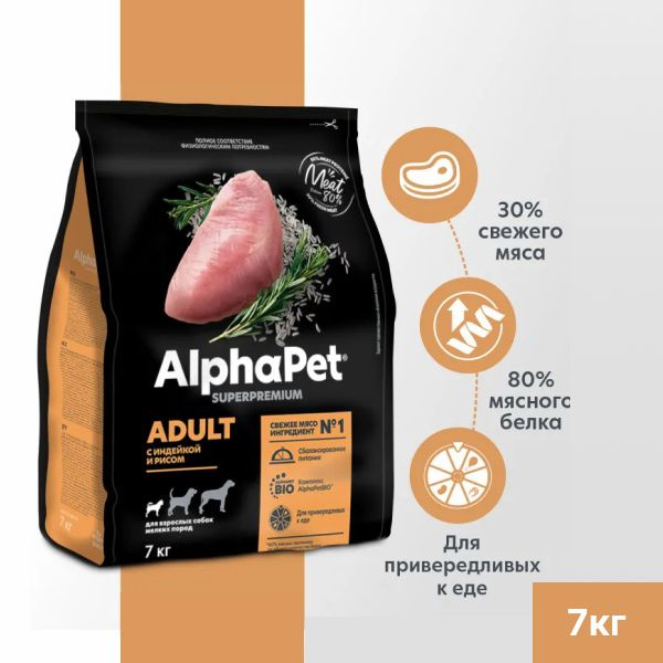 Корм сухой AlphaPet Superpremium Mini для взрослых собак мелких пород, с индейкой и рисом, 7 кг ...