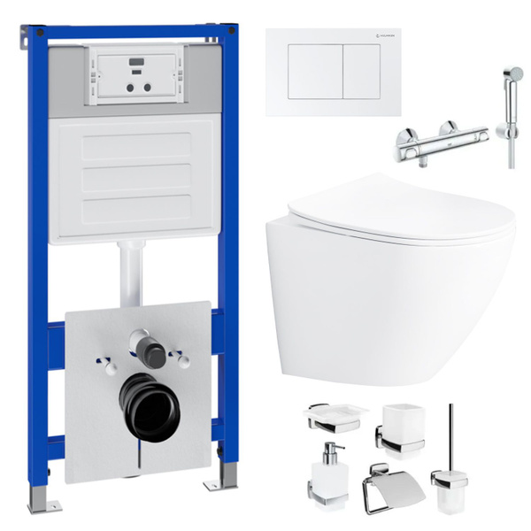 Инсталляция с подвесным унитазом Helmken 35490101 комплект 12 в 1: подвесной безободковый унитаз ...