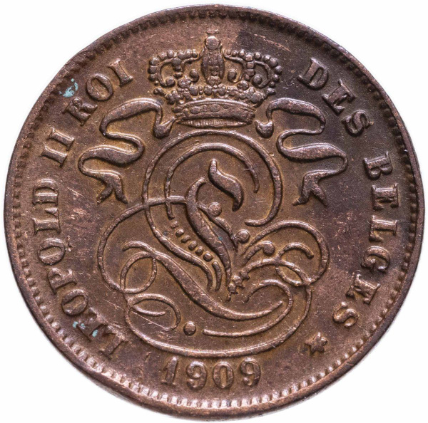 Бельгия 2 сантима 1909 Надпись на французском - 'DES BELGES', Медь, в сохранности VF - купить в ...