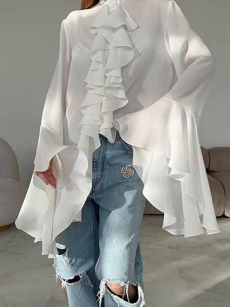 Рубашка Женский Pull&Bear белый Длинный Микрополиэстер Кружево Однотонный, размер 44 облегающий ...