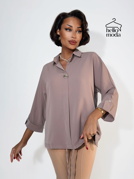 Блузка Женский HELLO MODA! латте Полиэстер Три четверти Анималистический, размер 56 Шнурок ...