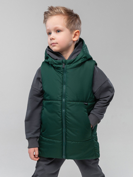 Жилет утепленный Мальчики, Девочки BODO Капюшон, Карманы темно-зеленый, размер 110, 116 Дюспо ...