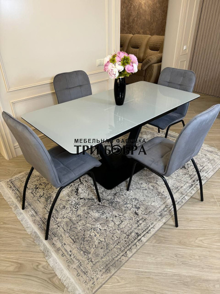 Стол кухонный раздвижной стулья для кухни комплект 4 шт ТРИ БОБРА ЛЕОН металлик 120х80х77