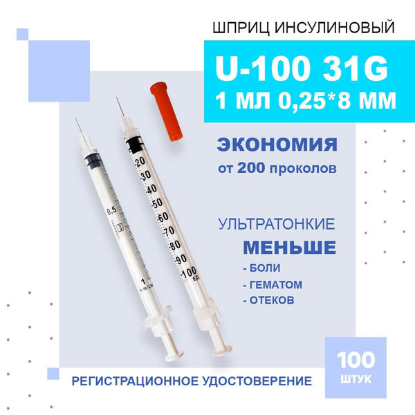 Шприц инсулиновый Paramed, 1 мл, U-100, 31G , 100 штук, градуировка 0,02 медицинский, для ...