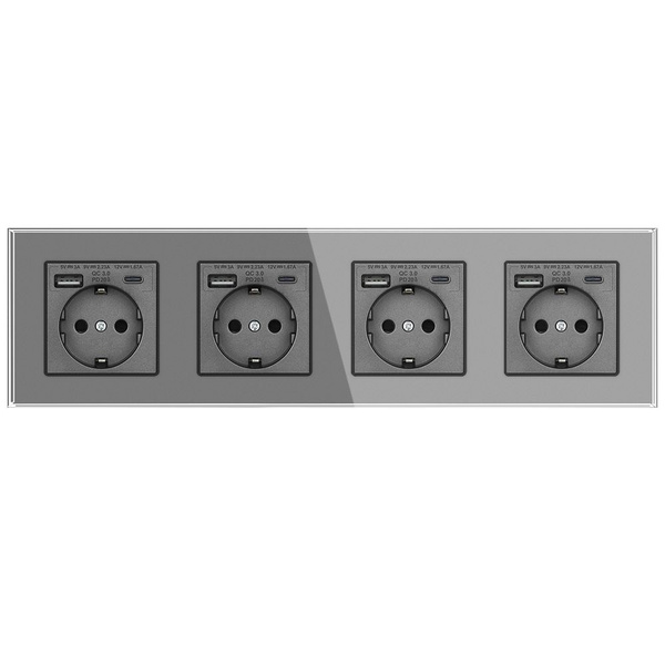 Розетка электрическая 4 постов с Usb и Type C входами быстрая зарядка 20w рамка закаленное