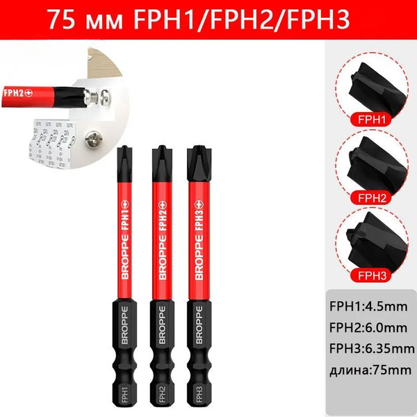 Набор магнитных бит для электриков, шестигранный вал, 75 мм FPH1/FPH2 ...