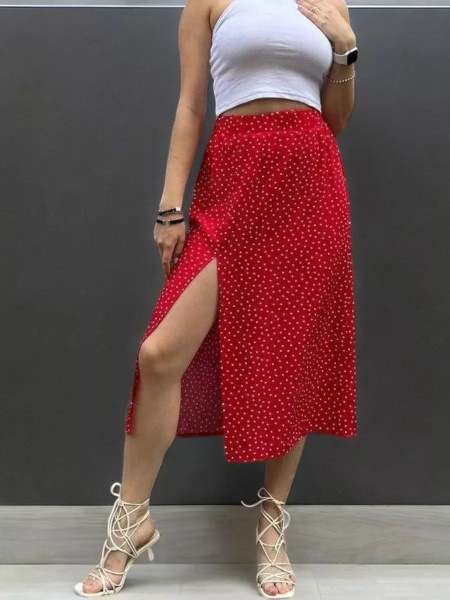 Юбка Женский BLACK KOSMOS красный Вискоза, Полиэстер прямая, размер 52 Молния Миди Разрезы Горох ...