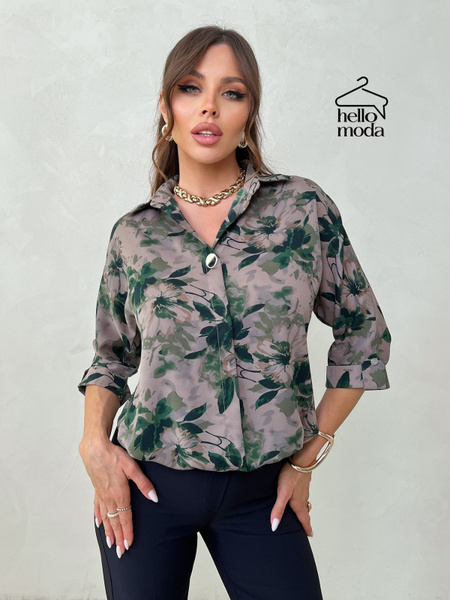 Блузка Женский HELLO MODA! серый, изумрудный Полиэстер Три четверти Цветочный, размер 52 Шнурок ...