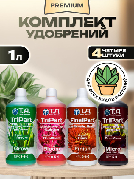 Комплект удобрений, GHE Flora Series, (Grow + Bloom + Micro SW + Ripen), 4шт. по 1л, (Terra ...