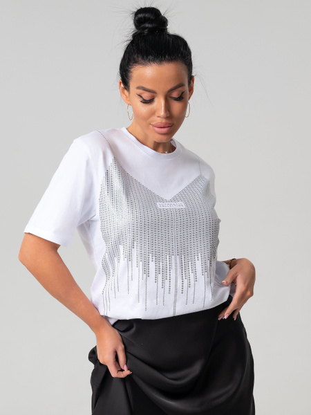 Футболка Женский Sofia trikotaz белый, серебро Средний, размер 52 Хлопок Орнамент свободный ...