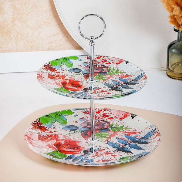 Daniks Фруктовница стеклянная двухъярусная, ваза для фруктов, 22.5 см, 18 см, 23 см, Нежность ...