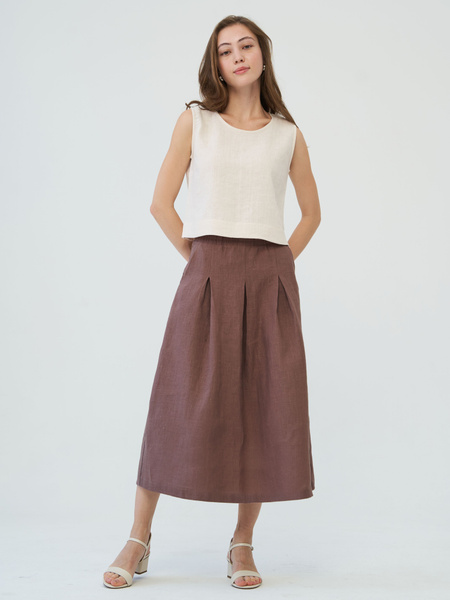 Юбка Женский TRANGO какао Лен в складку, размер 48 Резинка Миди Карманы Однотонный Лето ...