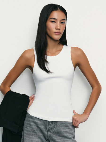 Майка Женский Zarina белый, размер 46 Хлопок, Эластан Повседневный Узбекистан облегающий ...