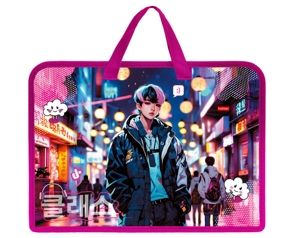 Папка для тетрадей пластиковая Hatber 1 отделение с ручками 245х340х35мм на молнии -K-POP ...