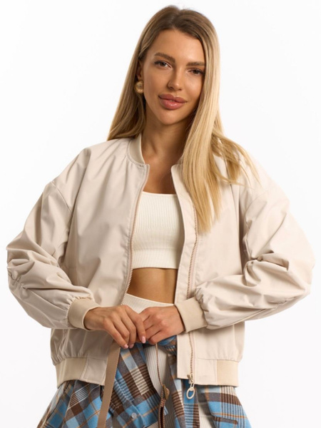 Бомбер Женский AGB Молния, Карманы бежевый Полиэстер, размер 46 Длинный Лето свободный Без ...