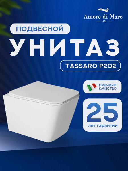 Унитаз подвесной безободковый Amore di Mare Tassaro P202 квадратный белый итальянский ...