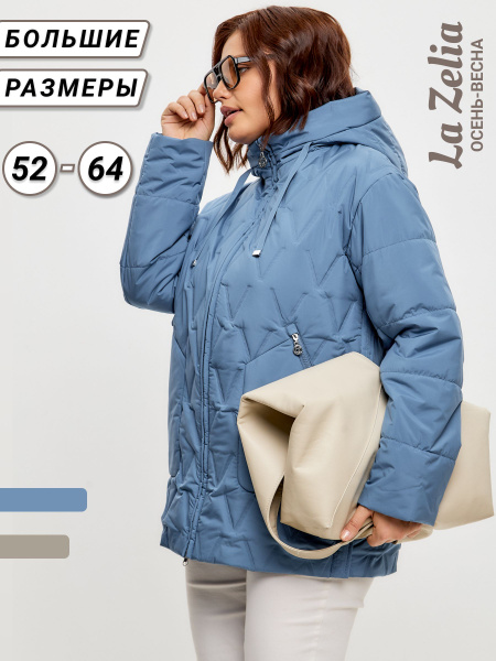 Куртка Женский La Zelia серо-голубой стойка Полиэстер, размер 64 Длинный Демисезон прямой ...