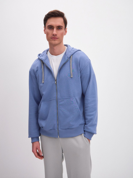 Толстовка Мужской Avese Капюшон голубой Молния Футер трехнитка, размер 46 оверсайз Длинный ...