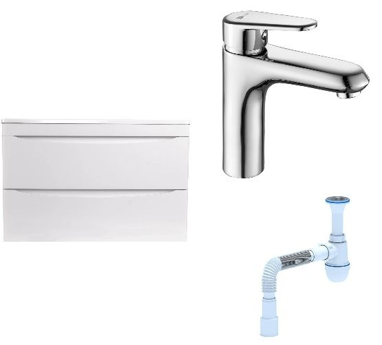 Комплект: Тумба с раковиной Style Line Бергамо Мини 80 Люкс Plus + Смеситель Lemark + Сифон ...