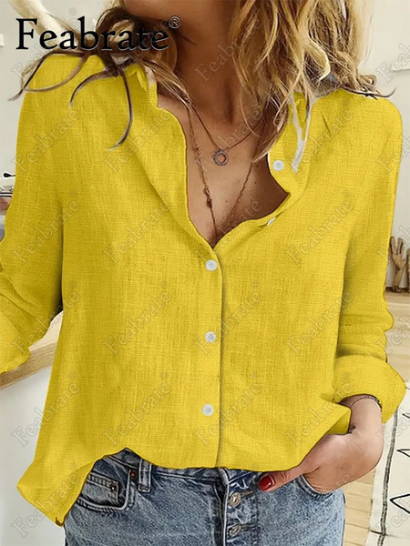 Рубашка Женский Feabrate желтый Длинный Лён Однотонный, размер 58 Пуговицы Китай купить c ...