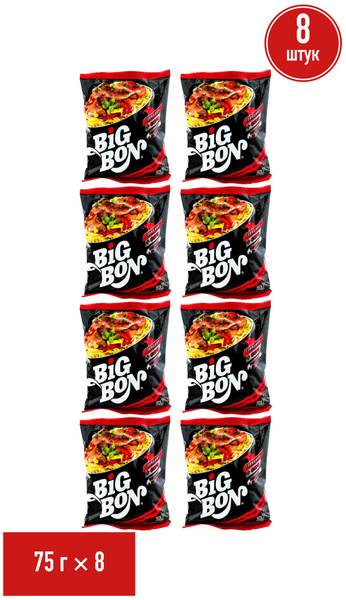 Характеристики Лапша Big Bon говядина соус томатный с базиликом 75 г, набор: 8 штук подробное ...