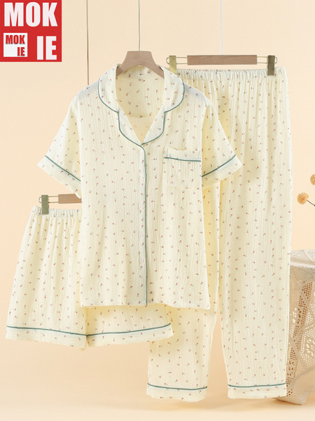 Пижама Женский Mokie с брюками Муслин, Хлопок, размер 50, 48 Цветочный красно-розовый меланж ...