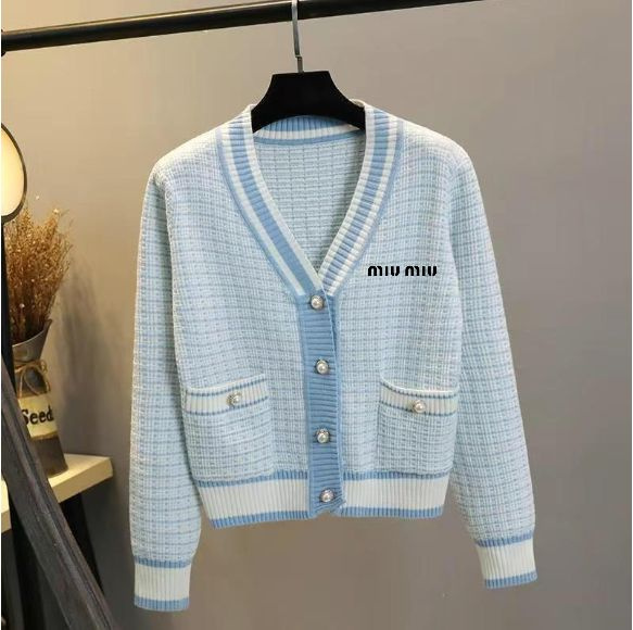 Свитер Женский Miu Miu нежно-голубой Хлопок, размер 44 Пуговицы Значки Длинный Логотип Китай ...