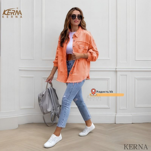 Куртка джинсовая Женский KERNA Карманы оранжевый пиджачный Джинс, размер 60, 62 Длинный ...