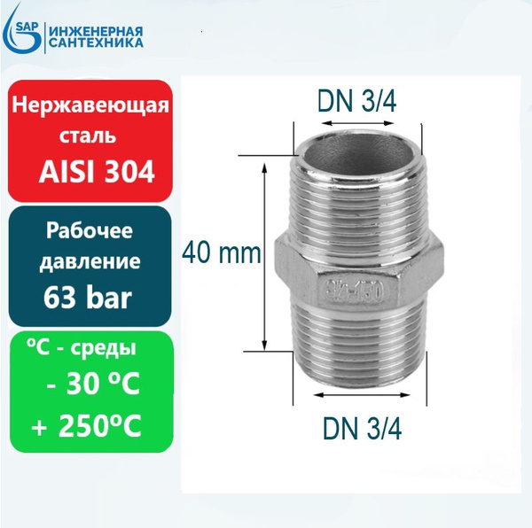 Ниппель DN 3/4, из нержавеющей стали AIS 304, 1351 - купить по выгодной ...