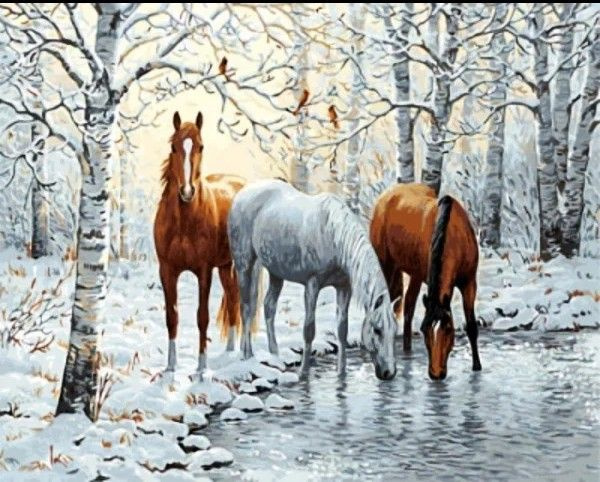 Алмазная мозаика Кони на водопое, 43x33 см, набор для рукоделия ...