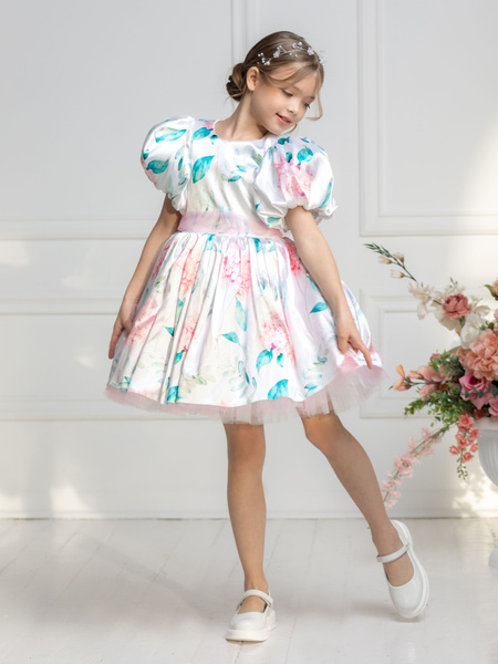 Платье Девочки LELU KIDS белый Вечерний/праздничный Средний Атлас В сеточку, размер 104 Молния ...