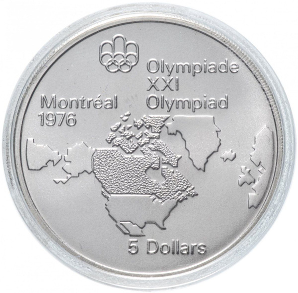 Канада 5 долларов dollars 1973 "XXI летние Олимпийские Игры, Монреаль 1976 - Карта Канады ...
