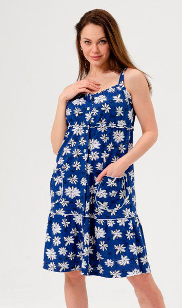 Сарафан короткий на тонкой бретели, на пуговицах, синий в белую ромашку ...