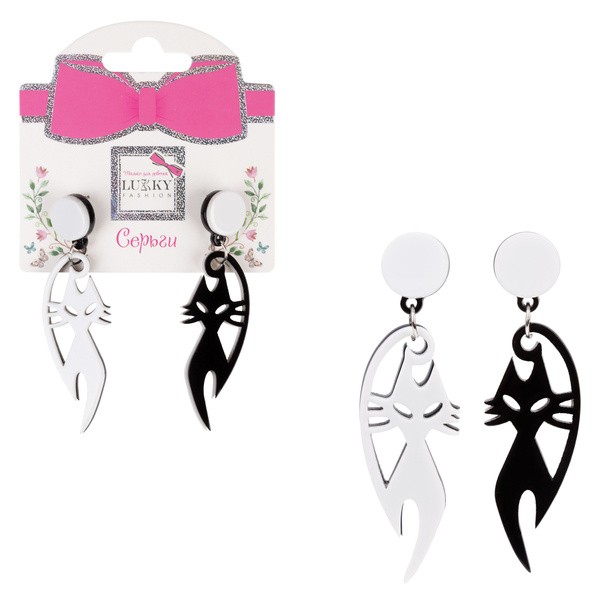 Серьги бижутерия Lukky Fashion асимметричные черно-белые кошки, висячие ...