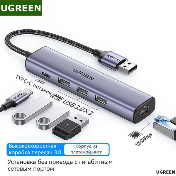 Ugreen Cm475 Usb концентратор 5 в 1 Usb 3 0 3 гигабитный Lan порт