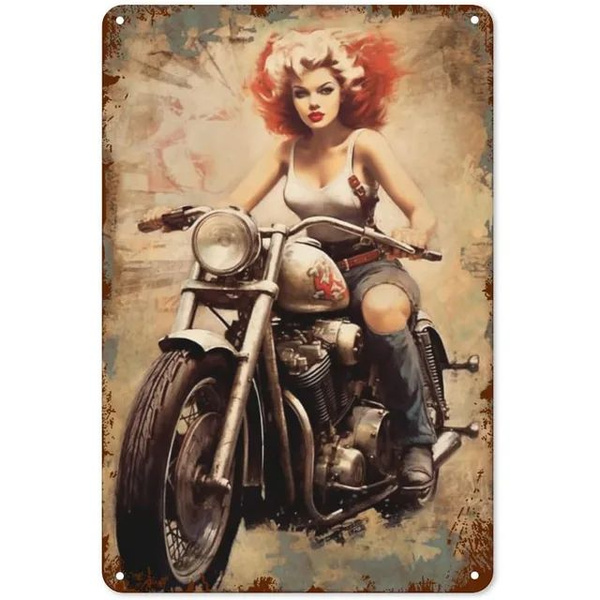Ретро металлический оловянный логотип Sexy Girl Motorcycle Funny Art