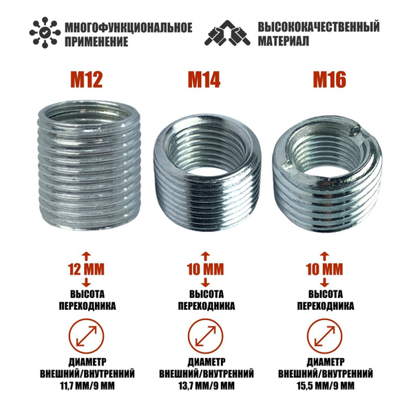 Набор резьбовых гаек, внешняя резьба М12, М14, М16, внутренняя М10, 3 ...