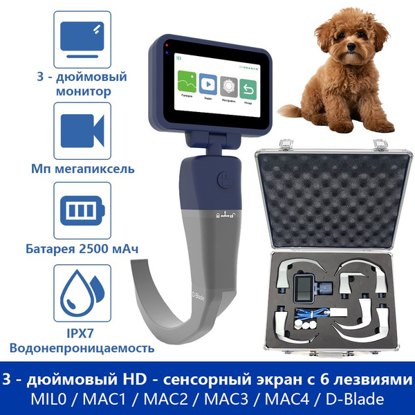 Ветеринарный видеоларингоскоп с 6 многоразовыми ларингоскопическими ...