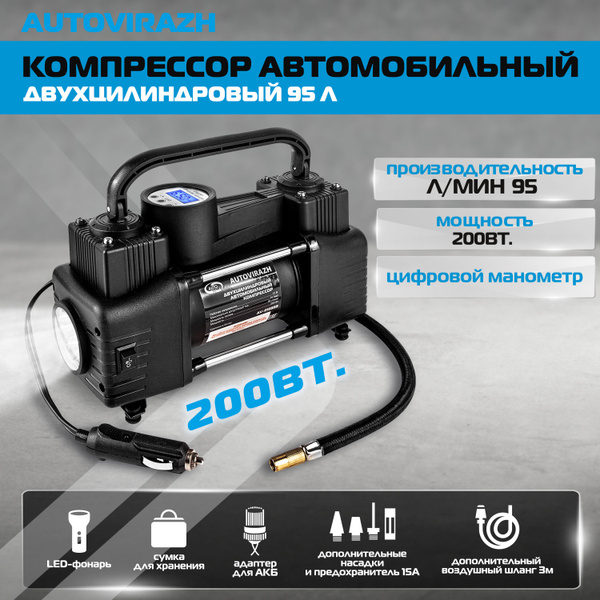 Компрессор автомобильный двухцилиндровый 95 л/мин с цифровым манометром ...