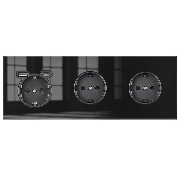 Розетка черная тройная с Usb и Type C входами 3 поста рамка закаленное