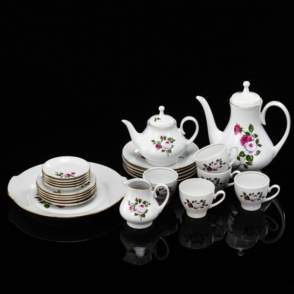 Сервиз антикварный/винтажный чайно-кофейный Роза на 5 персон 24 предмета, фарфор, деколь ...