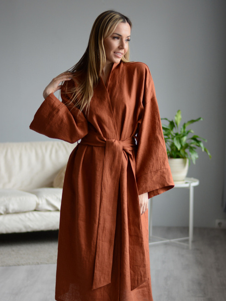 Платье Женский AK linen терракот кимоно Повседневный Длинный Лен ...