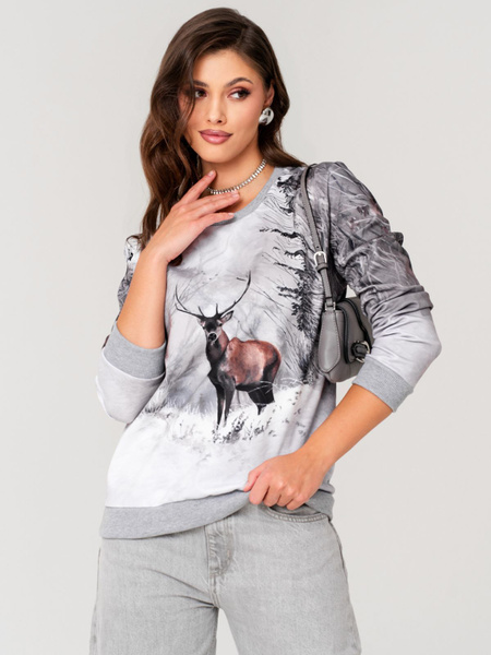 Джемпер Женский SAHAR art lab серый, белый Интерлок, размер 42 Без застежки Манжеты свободный ...