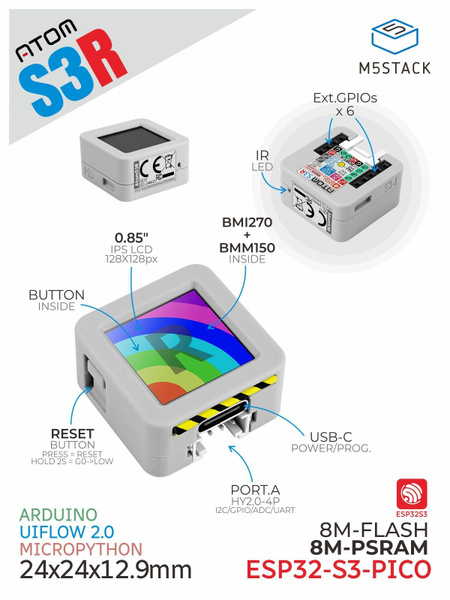 Arduino Высокоинтегрированный программируемый контроллер M5Stack ATOMS3R ESP32-S3 с IPS-экраном ...