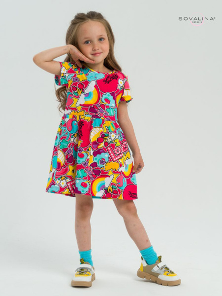 Платье Девочки SOVAlina кораллово-красный прямое Повседневный Короткий Трикотаж, Хлопок, размер ...