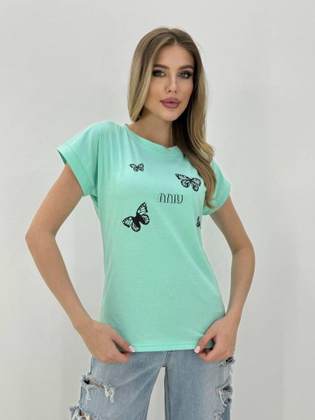 Футболка Женский ABM Fashion мятный Короткий, размер 42 Хлопок ...