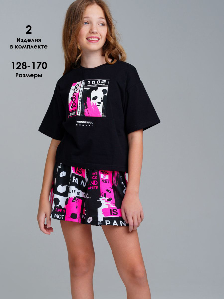 Комплект одежды Девочки PlayToday Повседневный черный, розовый, размер 134 Трикотаж Логотип ...